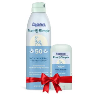 coppertone pure and simple mineral sunscreen pack with zinc oxide protection, hypoallergenic, sunscreen spray spf 50, 5 oz can + spf 50 sunscreen stick, 0.49 oz, holiday gifts for self care