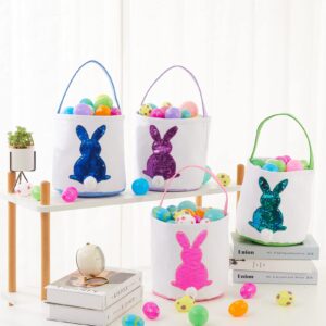 Jilimeli Easter Bunny Basket, Easter Bucket with Sequin Rabbit, Fluffy Tail, Easter Bucket Empty, Gifts, Eggs, Toys, Candy, Bunny Tote Easter Bunny Baskets for Kids (Blue)