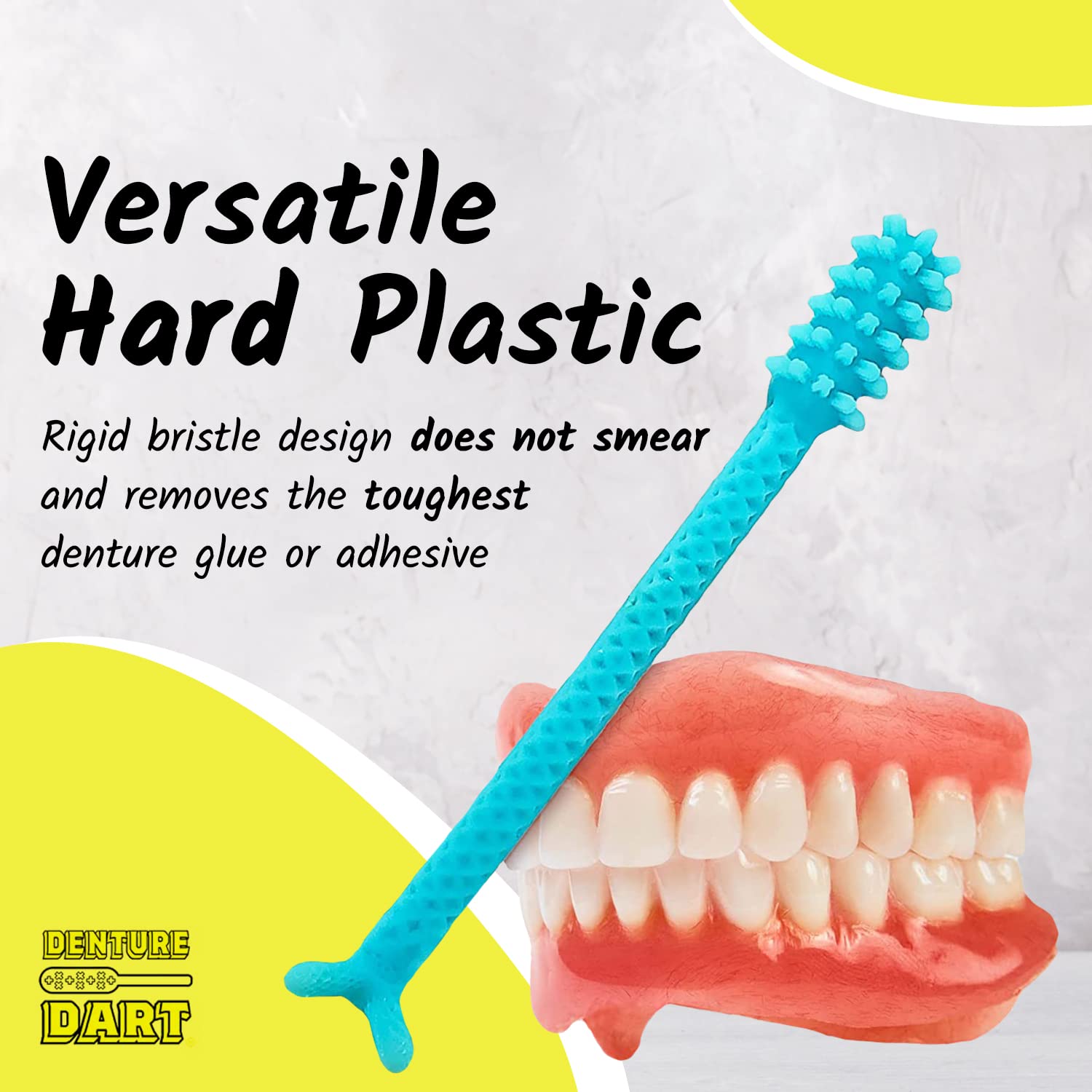 Denture Dart V4 Hard Plastic Denture Brush - Denture Gel Adhesive Remover - Remove Denture Gel Adhesive from Mouth & Gums, Oral Hygiene Products, Scraper w/Textured Grip and Rigid Bristles