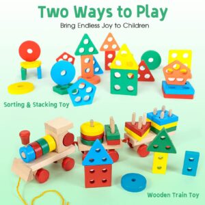 WEMMICKS Wooden Train Toddler Toy, Wooden Blocks for 1-3 Year Old Boys Girls, Montessori Sorting Stacking Toy, Preschool Educational Toy for Kids