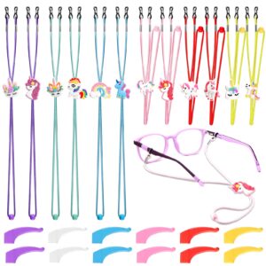 12 pcs kids glasses strap unicorn rainbow adjuster stretchy antislip eyeglass strap for girls adjustable glasses lanyard cute safety eyewear retainers with 12 pairs glasses ear hook, multicolor