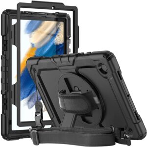 herize case compatible with samsung galaxy tab a8 10.5 inch 2022 sm-x200/sm-x205/sm-x207 with screen protector pencil holder | heavy duty sturdy protective case w/stand hand shoulder strap | black