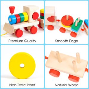 WEMMICKS Wooden Train Toddler Toy, Wooden Blocks for 1-3 Year Old Boys Girls, Montessori Sorting Stacking Toy, Preschool Educational Toy for Kids