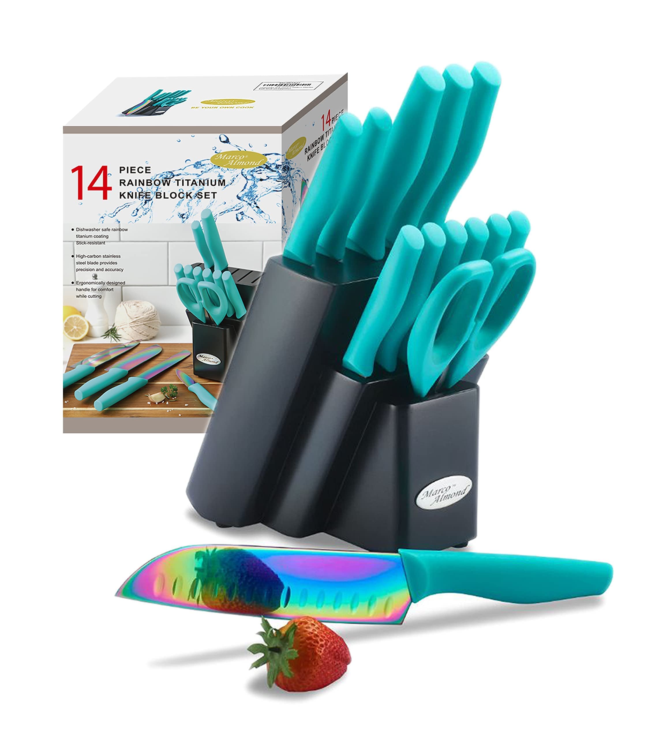 KYA27 Rainbow Color Cutlery Knife Set with Wooden Block + Marco Almond MA63 Graters for Kitchen