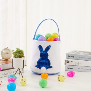 Jilimeli Easter Bunny Basket, Easter Bucket with Sequin Rabbit, Fluffy Tail, Easter Bucket Empty, Gifts, Eggs, Toys, Candy, Bunny Tote Easter Bunny Baskets for Kids (Blue)