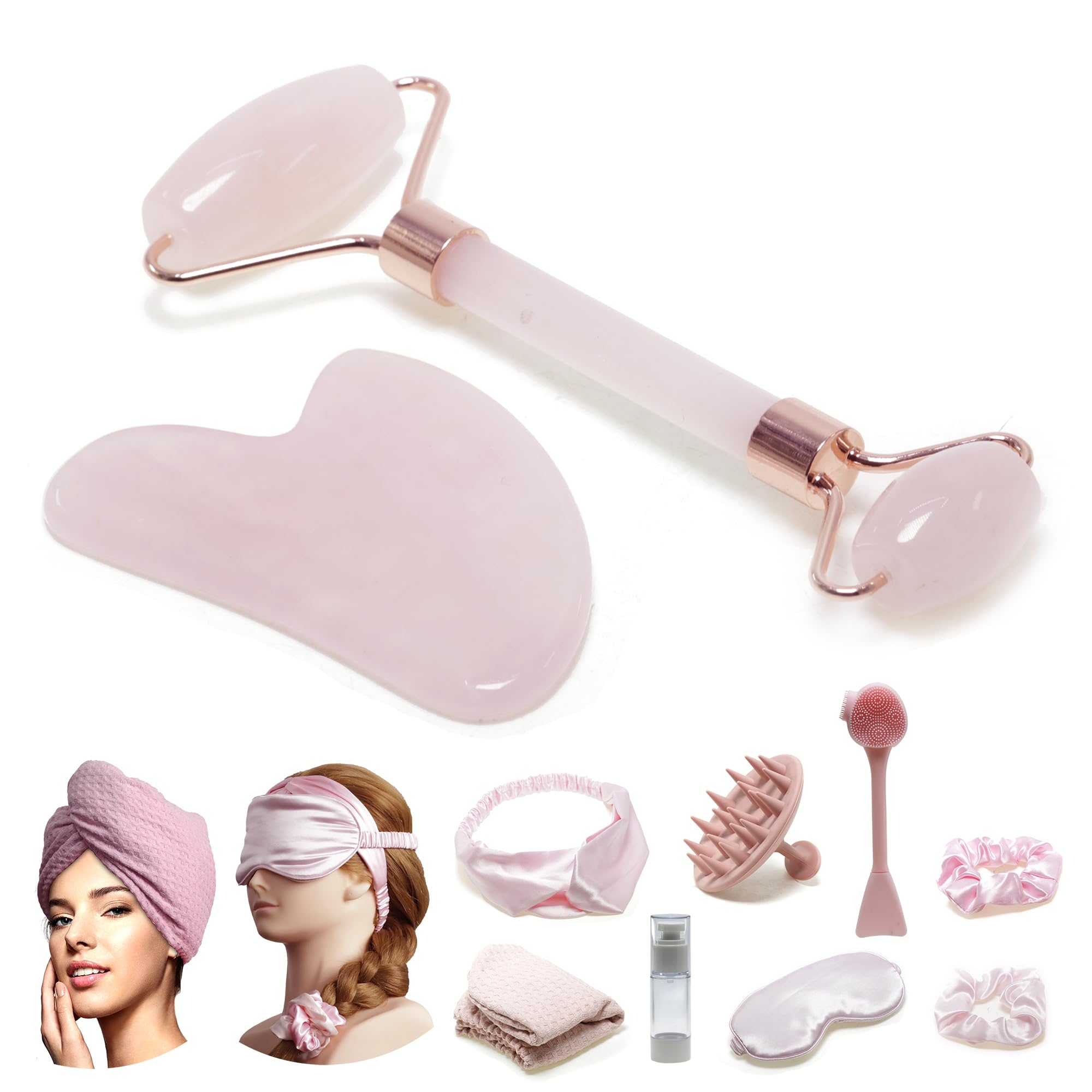 BYANANT 100% Rose Quartz Ornament Pink Jade Roller Massage suits, Anti-Aging Beauty Tools for Slimming，Gua Sha Set Face, Eyes, Neck ,Body Skin Care - Face Women Gift(10PCS) (pink), 10 Piece