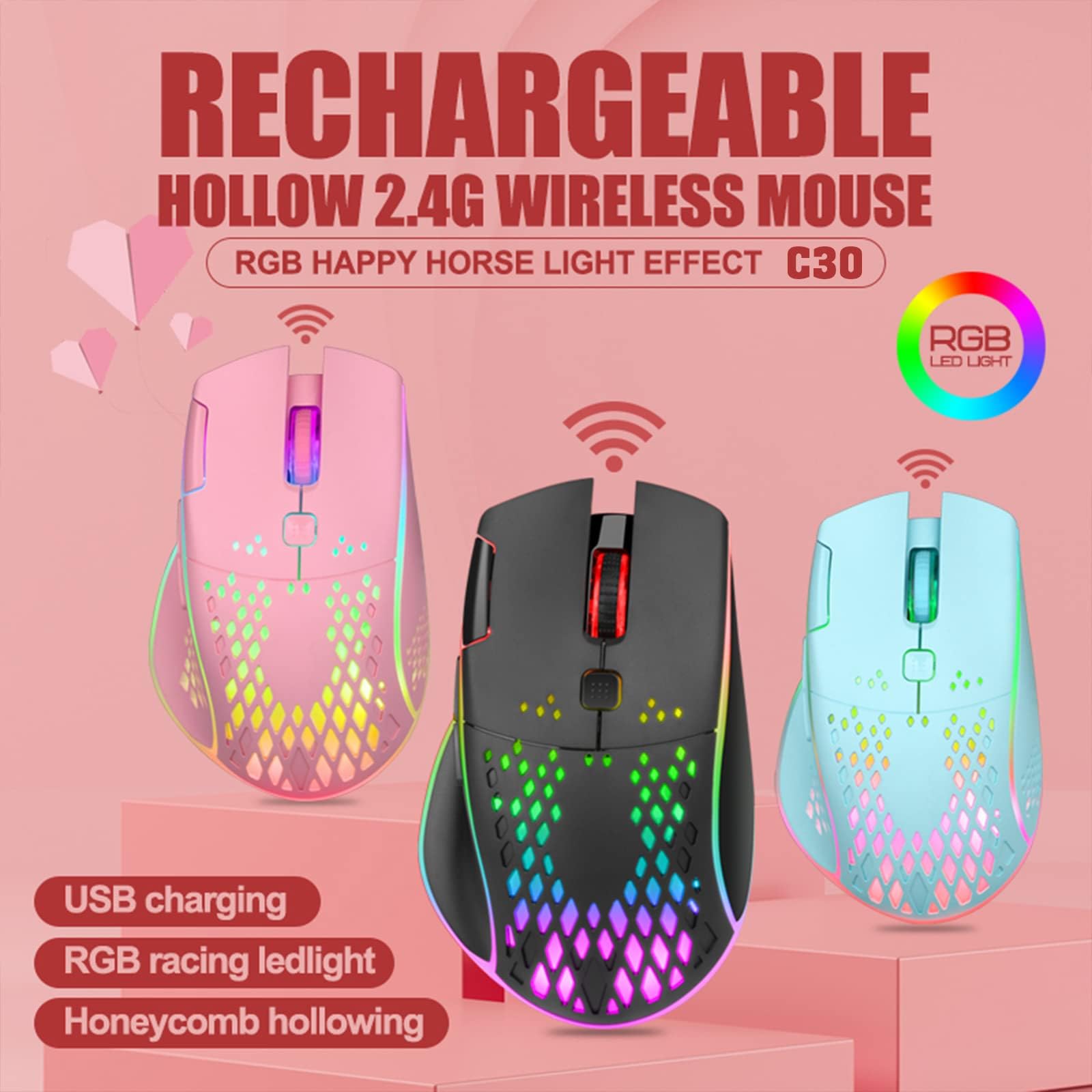 VEGCOO Wireless Gaming Mouse, C30 Silent Click Wireless Rechargeable Gaming Mouse with Double-Click Key and Colorful LED Lights, 3 Level Adjustable DPI for Gaming and Working (Blue)