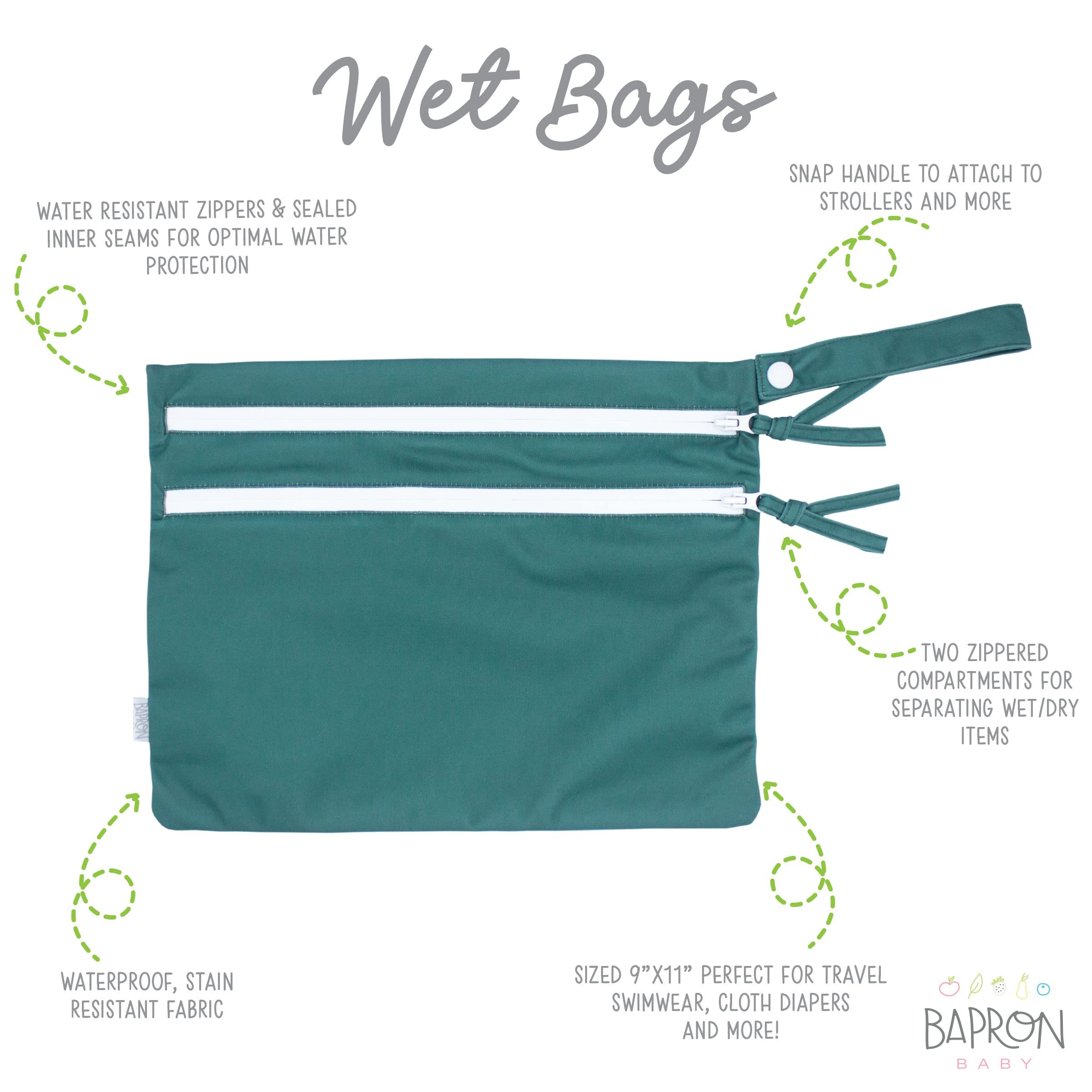 BapronBaby Minimalist Pine Wet Dry Bag - Waterproof Two Zipper Pockets - Reusable for Mealtime, Diapers, Stroller, Snacks, Swimsuits - Machine Washable - 11" x 9"