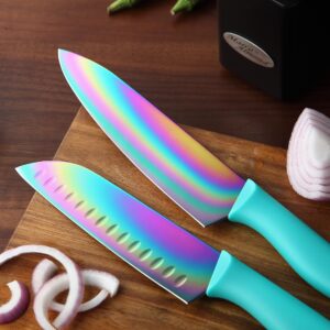 KYA27 Rainbow Color Cutlery Knife Set with Wooden Block + Marco Almond MA63 Graters for Kitchen