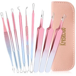 kresecioo 9 pcs blackhead remover tools, pimple popper tool kit, acne tools extractor kit professional for nose face, blemish whitehead zit popping tool with portable leather bag(pink)