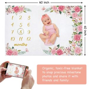 Yokakio Baby Monthly Milestone Blanket Girl, Milestone Blanket for Baby Girl, Track Growth and Age, Newborn Shower Gifts for Mom, Includes Floral Wreath & Pink Bow Headband, 60" X 40"