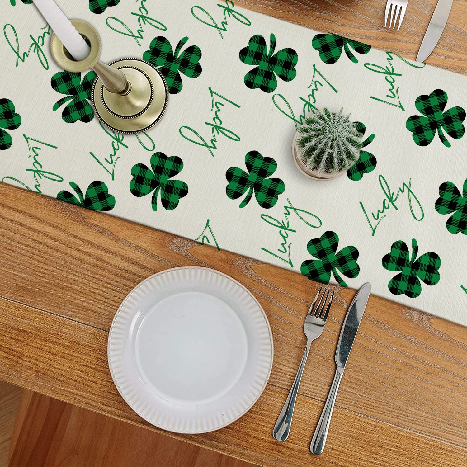 St Patricks Day Table Runner Shamrock Lucky Green Long Burlap Spring Holiday Kitchen Dining Banquet Indoor Outdoor Decorations Family Party Decor 13 x 72 Inch