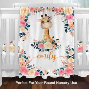 Zoey Art Personalized Baby Blanket, Custom Name Blanket, Mink Sherpa Blanket, Fleece Blanket with Animal Floral for Girls, 30 x 40 Inch Safari Animals Nursery Blanket (Giraffe Yellow)