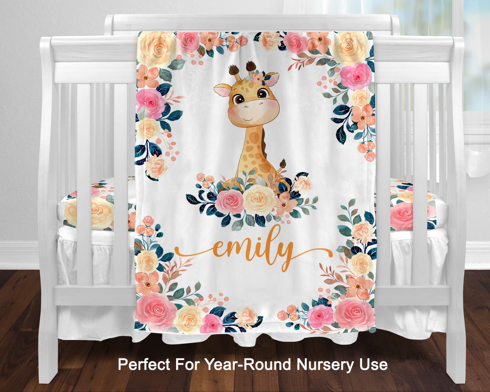 Zoey Art Personalized Baby Blanket, Custom Name Blanket, Mink Sherpa Blanket, Fleece Blanket with Animal Floral for Girls, 30 x 40 Inch Safari Animals Nursery Blanket (Giraffe Yellow)