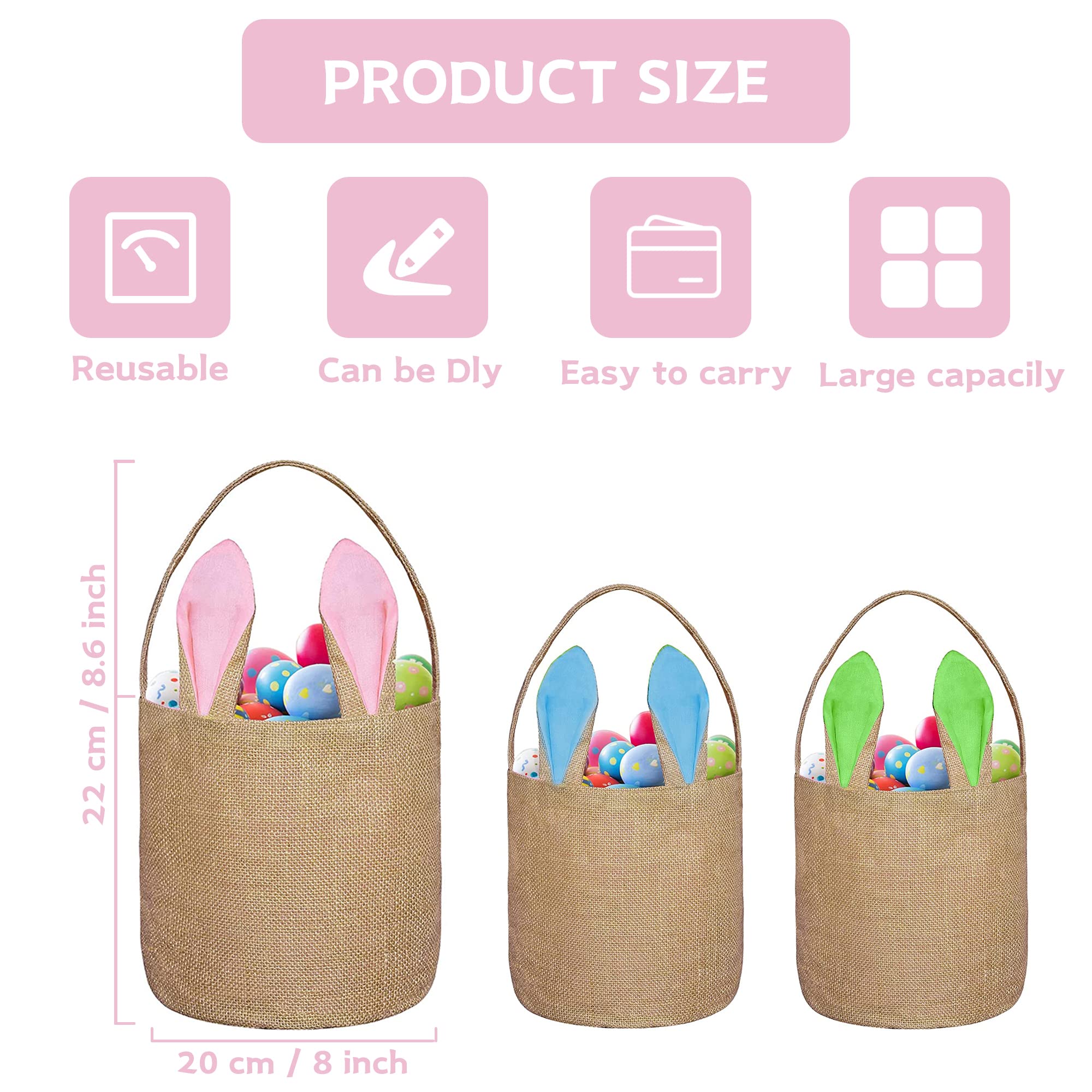 Ekoropshop 3 Pack Easter Bunny Bags for Kids Easter Jute Burlap Easter Egg Basket with Ears for Easter Egg Hunts Party