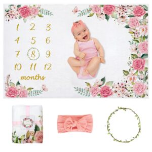 yokakio baby monthly milestone blanket girl, milestone blanket for baby girl, track growth and age, newborn shower gifts for mom, includes floral wreath & pink bow headband, 60" x 40"