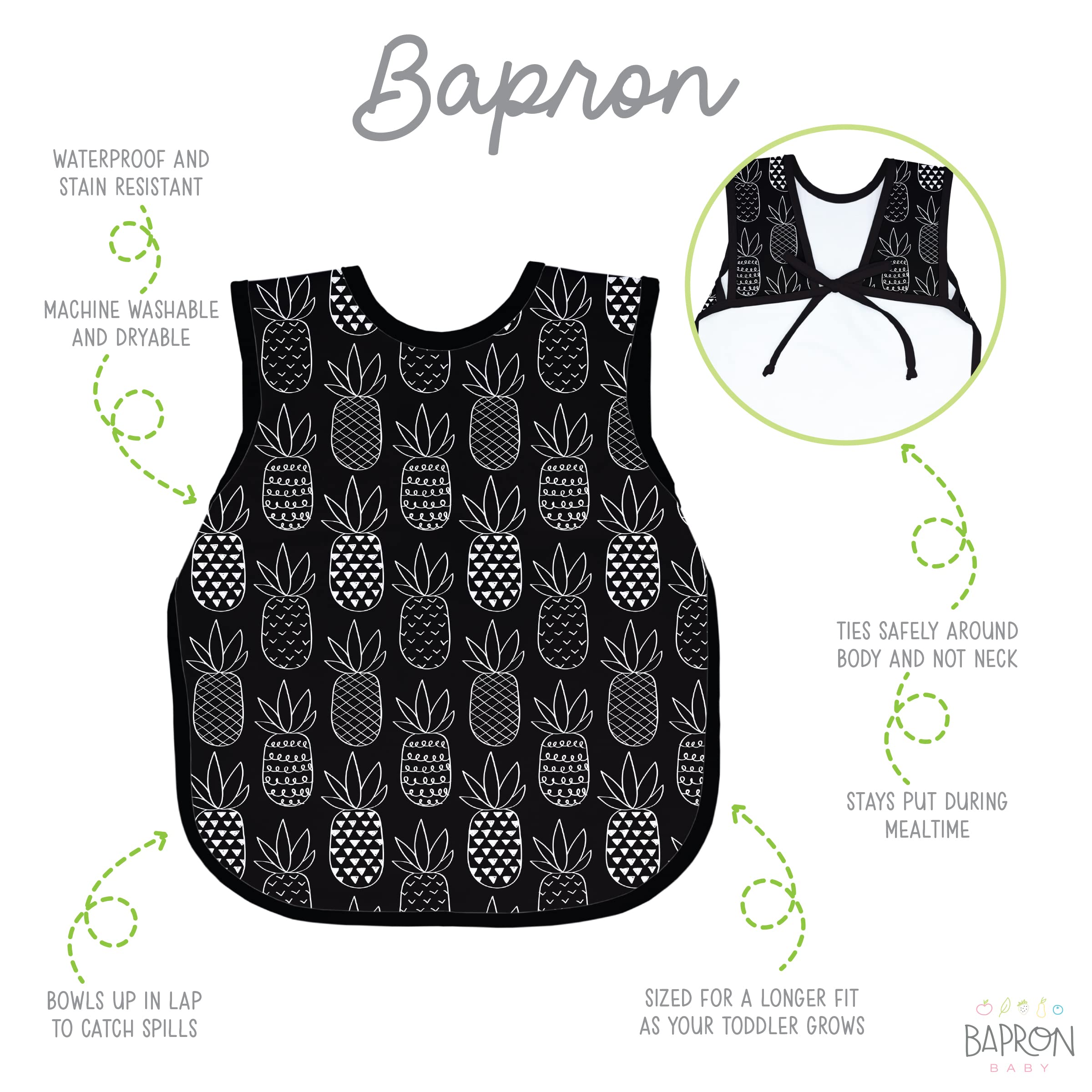 BapronBaby Pineapple Monochrome Bapron - No Neck Tie Safer Bib for Baby & Toddler - Soft Waterproof Stain Resistant - Machine Washable - Sz Preschool 3-5yrs