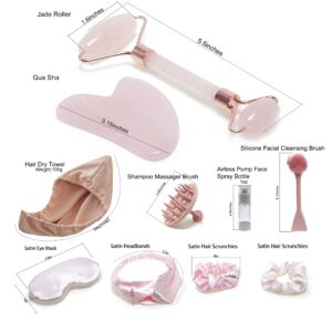 BYANANT 100% Rose Quartz Ornament Pink Jade Roller Massage suits, Anti-Aging Beauty Tools for Slimming，Gua Sha Set Face, Eyes, Neck ,Body Skin Care - Face Women Gift(10PCS) (pink), 10 Piece