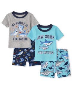 the children's place baby-boy and toddler snug fit 100% cotton sleeve top and shorts 4 piece pajama set, jawsome sharks, 5t