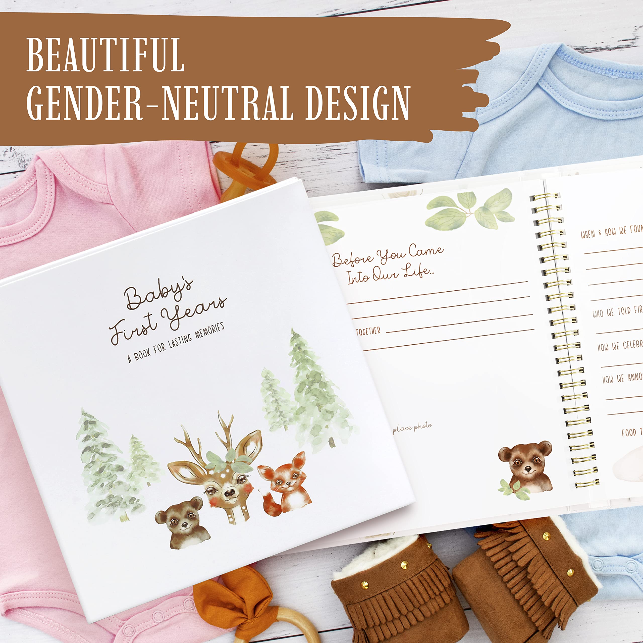 Timeless Woodland Baby Memory Book - Gender Neutral First 5 Year Scrapbook to Record Milestones from Birth to Age 5