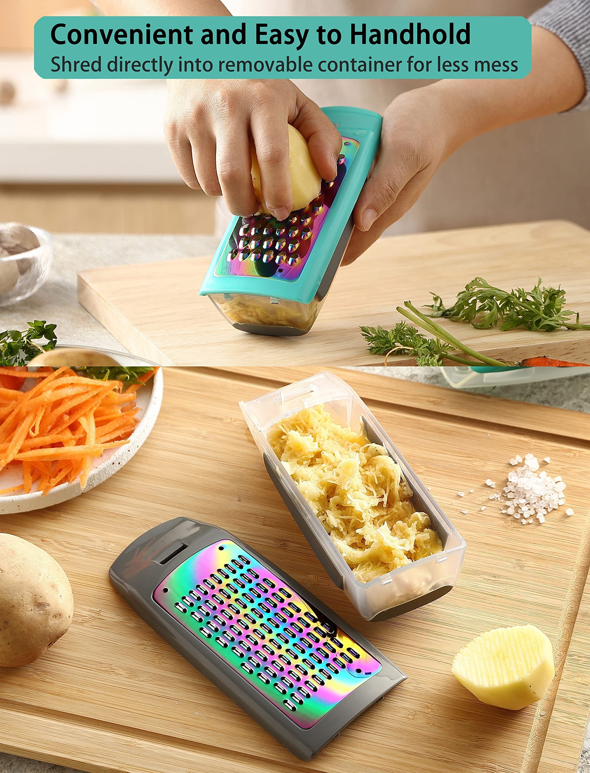 KYA27 Rainbow Color Cutlery Knife Set with Wooden Block + Marco Almond MA63 Graters for Kitchen