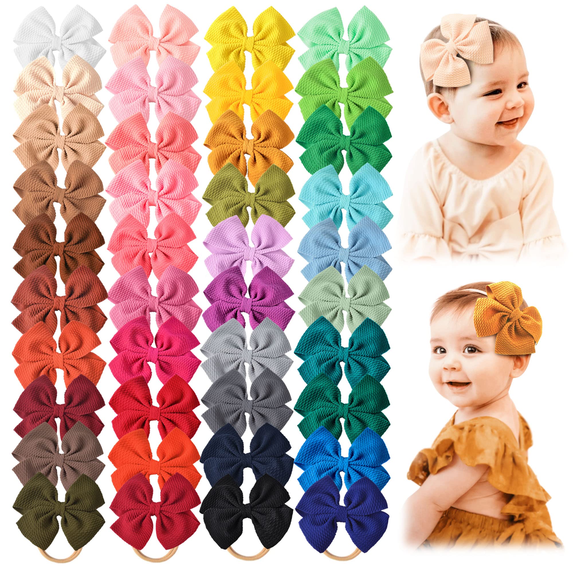 Prohouse 40 PCS Big Bows Baby Nylon Headbands Hairbands Hair Bows Elastics for Baby Girls Newborn Infant Toddler Child Hair Accessories