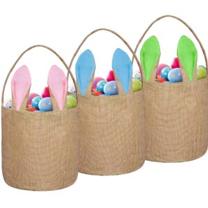 Ekoropshop 3 Pack Easter Bunny Bags for Kids Easter Jute Burlap Easter Egg Basket with Ears for Easter Egg Hunts Party