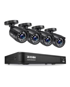 zosi 8ch 5mp 3k lite surveillance wired security camera system with ai human vehicle detection, 8 channel h.265+ dvr and 4 x 1080p bullet camera outdoor, 80ft night vision, ip66(no hdd included)