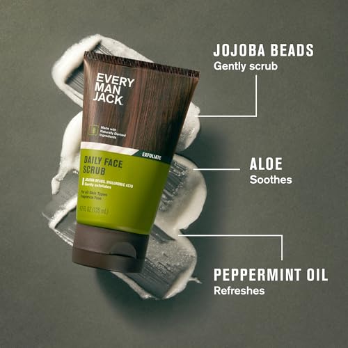 Every Man Jack Gentle Exfoliating Face Scrub For Men- Exfoliate Away Dead Skin, Moisturize, and Revive Tired Skin with Jojoba Beads, Hyaluronic Acid, and Caffeine - 4.2 oz Men’s Face Scrub -Twin Pack