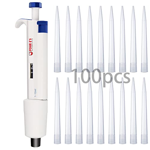 FOUR E'S SCIENTIFIC 1-10ml Single-Channel Pipettor with 100pcs 10ml Pipette Tips, Adjustable Volume Micropipette