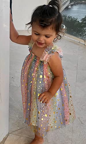 Toddler Baby Girl Sequins Dress Sleeveless Rainbow Stars Print Mesh Tulle Dress Summer Layered Princess Cake Dress (Colorful Cake Dress, 4-5T)