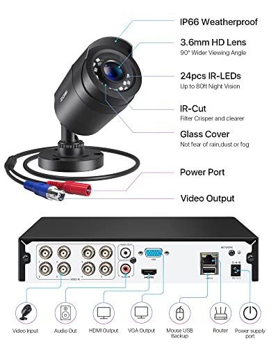 ZOSI 8CH 5MP 3K Lite Surveillance Wired Security Camera System with AI Human Vehicle Detection, 8 Channel H.265+ DVR and 4 x 1080p Bullet Camera Outdoor, 80ft Night Vision, IP66(No HDD Included)