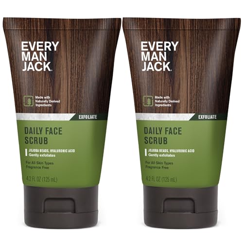 Every Man Jack Gentle Exfoliating Face Scrub For Men- Exfoliate Away Dead Skin, Moisturize, and Revive Tired Skin with Jojoba Beads, Hyaluronic Acid, and Caffeine - 4.2 oz Men’s Face Scrub -Twin Pack