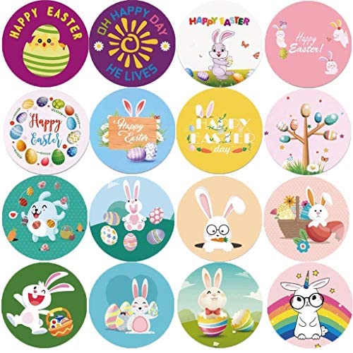 Acewen 1000Pcs/2 Rolls Easter Stickers Easter Theme Stickers Self-Adhesive Roll Stickers 16 Designs Happy Easter Day Sticker for Party Supplies