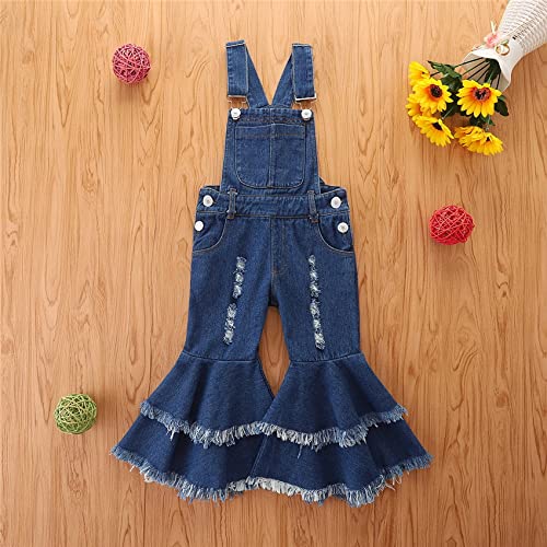 Infant Toddler Girls Overall Jeans Bell Bottoms Suspender Flare Pants Ripped Denim Trousers Two Layers Ruffle Leggings