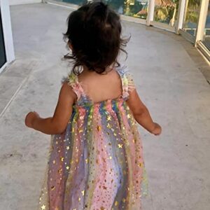 Toddler Baby Girl Sequins Dress Sleeveless Rainbow Stars Print Mesh Tulle Dress Summer Layered Princess Cake Dress (Colorful Cake Dress, 4-5T)