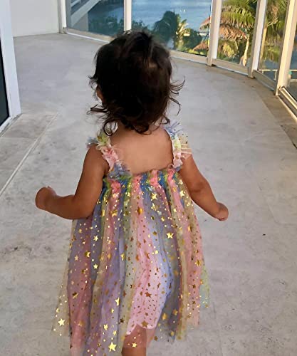 Toddler Baby Girl Sequins Dress Sleeveless Rainbow Stars Print Mesh Tulle Dress Summer Layered Princess Cake Dress (Colorful Cake Dress, 4-5T)