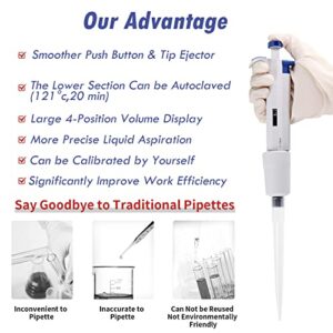 FOUR E'S SCIENTIFIC 1-10ml Single-Channel Pipettor with 100pcs 10ml Pipette Tips, Adjustable Volume Micropipette