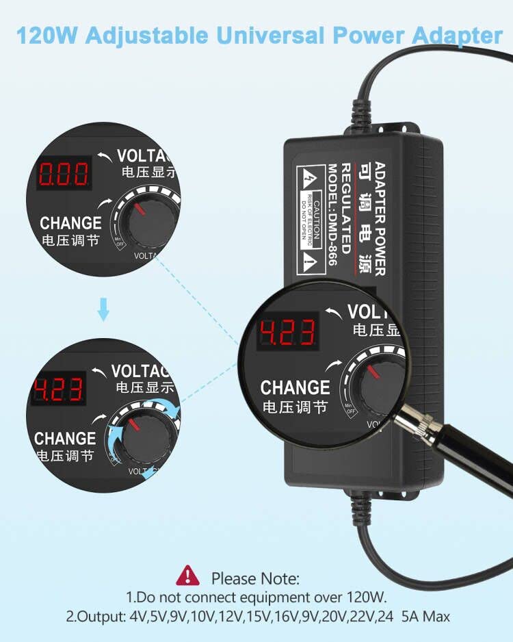 Aclorol 120W Universal Power Adapter 12V 10A Power Supply Adjustable AC/DC Adapter 100-240V AC to DC 12V 9V 6V 5V 3V 10A 8A 6A 5A 4A 3A Variable Switching Converter with Polarity Converter & 14 Tips