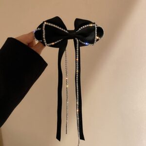 Jumwrit Large Bow Hair Clip Long Ribbon Hair Bows Rhinestone Tassel Hair Clip French Design Barrettes Fashion Hair Styling Accessories for Women Girls