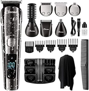 chrome hair clippers & beard trimmer for men, waterproof body all in 1 multi-grooming kit, cordless hair trimmer, mustache, nose & ear shaver, usb rechargeable & led display