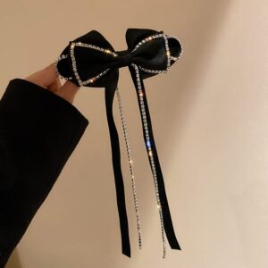 Jumwrit Large Bow Hair Clip Long Ribbon Hair Bows Rhinestone Tassel Hair Clip French Design Barrettes Fashion Hair Styling Accessories for Women Girls