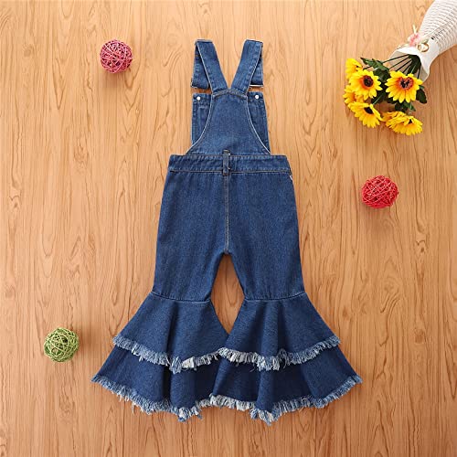 Infant Toddler Girls Overall Jeans Bell Bottoms Suspender Flare Pants Ripped Denim Trousers Two Layers Ruffle Leggings