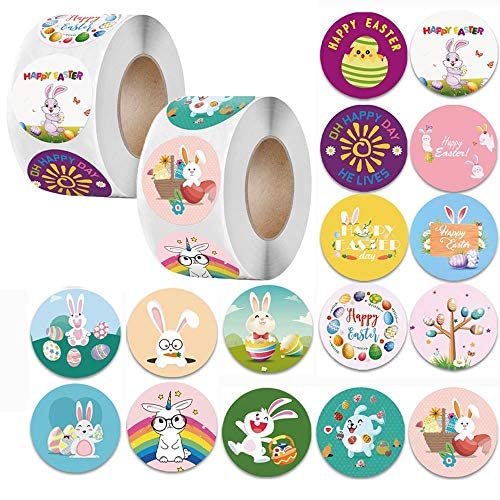 Acewen 1000Pcs/2 Rolls Easter Stickers Easter Theme Stickers Self-Adhesive Roll Stickers 16 Designs Happy Easter Day Sticker for Party Supplies