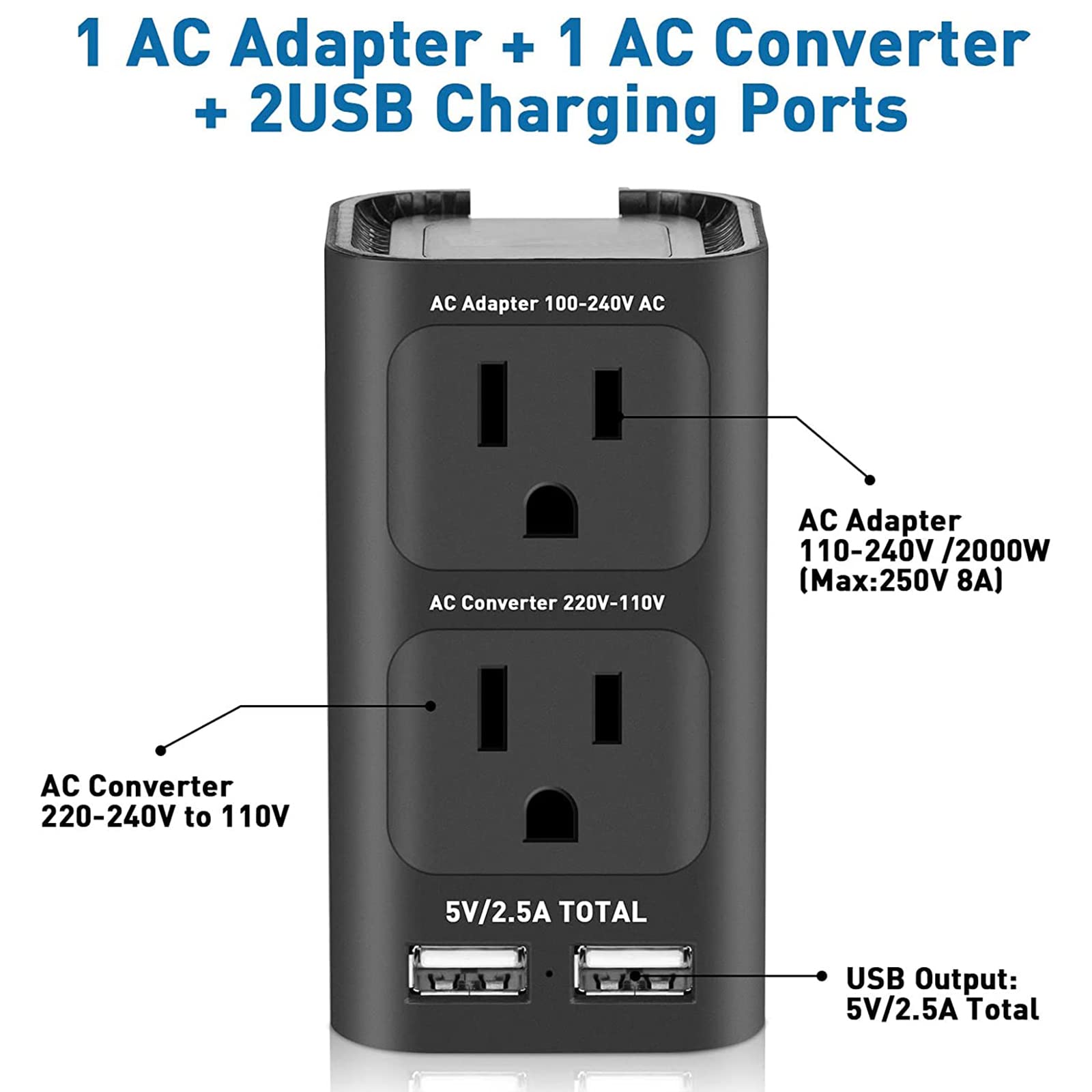 Voltage Converter 220V to 110V, 2000W Travel Adapter Global Power Adapter with 2 USB Ports and EU/UK/AU/US Plug Adapter