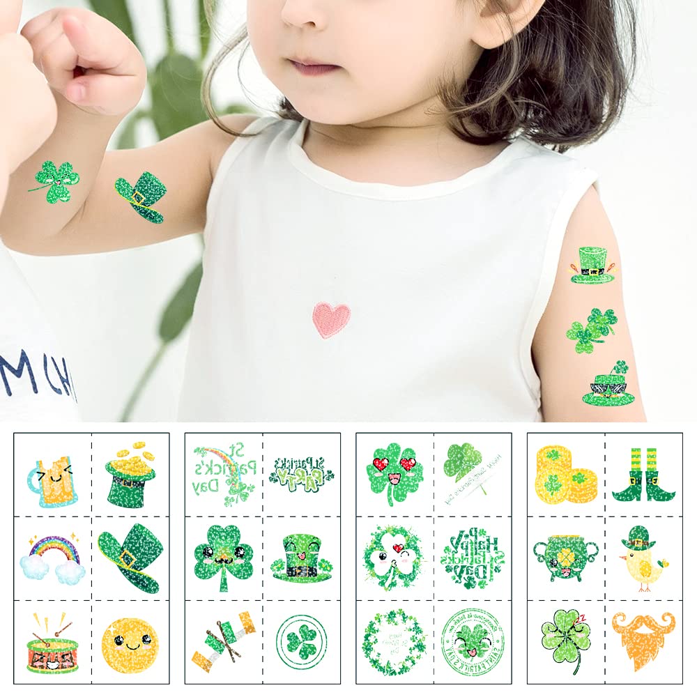 48pcs St Patricks Day Glitter Styles Temporary Tattoos,Clover Gold Coin Luck Hat Expression Tattoos Sticker St Patrick's Day Kiss Me I'm Irish Party | Holiday Party Accessories Arts and Crafts,8 sheet