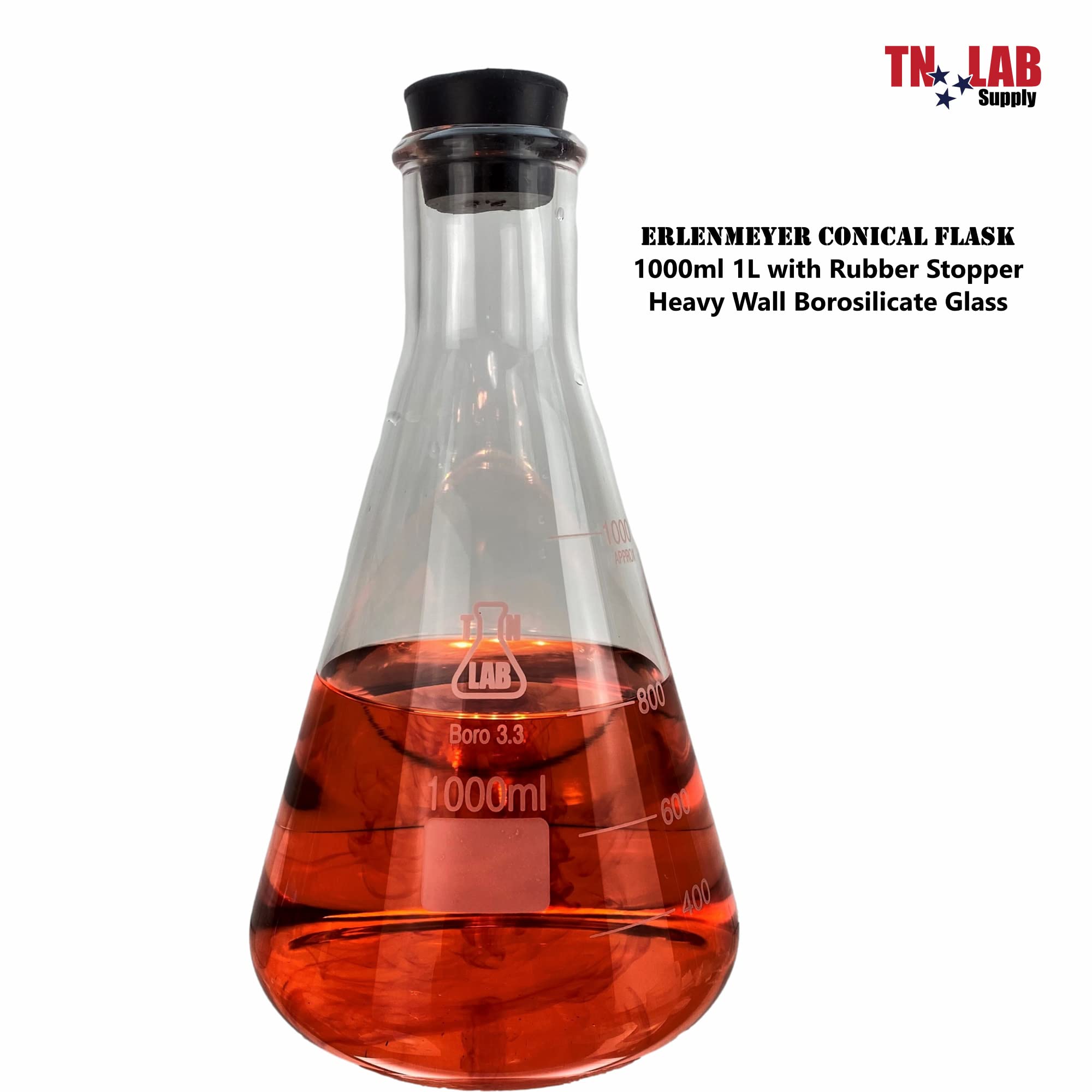 TN Lab Erlenmeyer Conical Borosilicate Glass Flask 1000ml 1L with Rubber Stopper