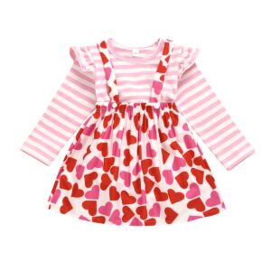 myhrey toddler baby girls valentine's day outfits ruffle long sleeve stripe shirt + suspender skirt set (pink, 12-18 months) m04 m04a