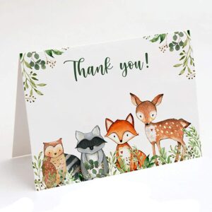 50 Woodland Thank You Cards, 4x6" Forest Animals Thank You Notes with Matching Green Envelopes & Stickers, Greenery Notecards, Woodland Baby Shower Thank You Cards