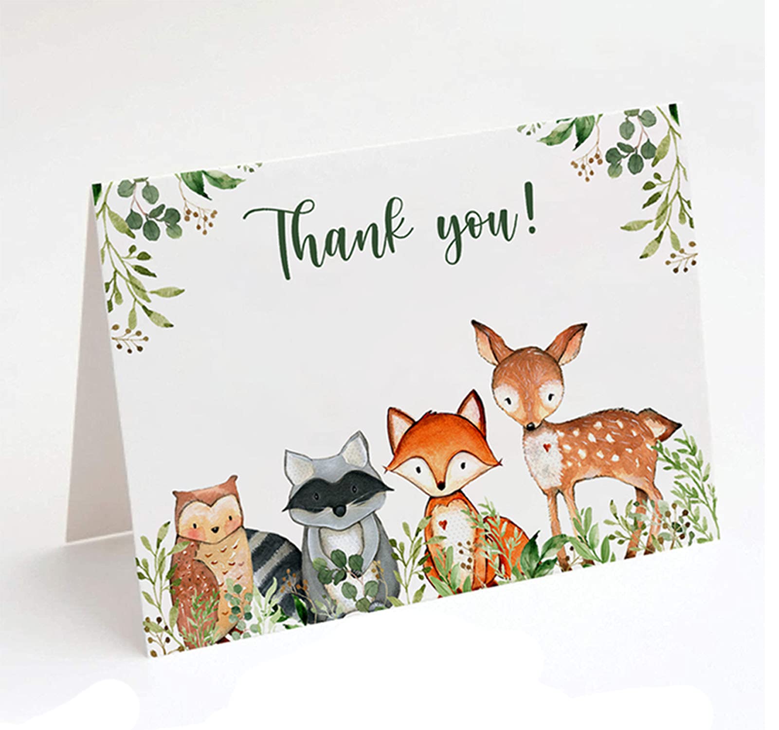 50 Woodland Thank You Cards, 4x6" Forest Animals Thank You Notes with Matching Green Envelopes & Stickers, Greenery Notecards, Woodland Baby Shower Thank You Cards